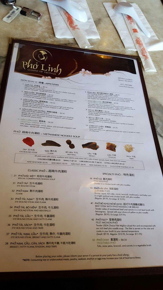 Menu at Pho Linh restaurant, Quincy