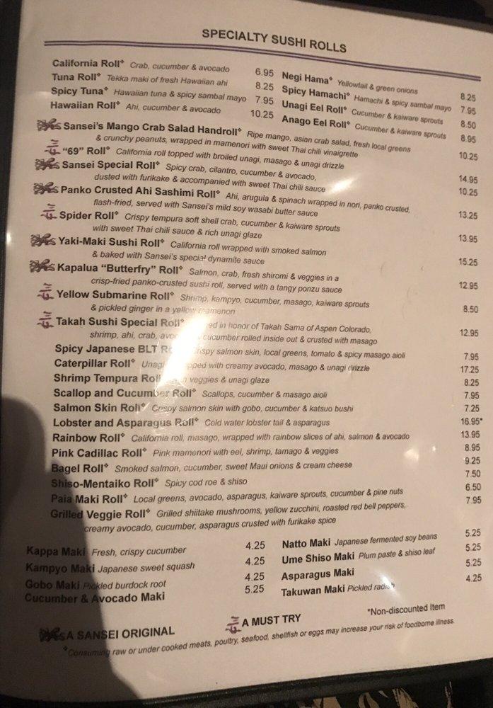 Menu at Sansei Seafood Restaurant & Sushi Bar, Kapalua