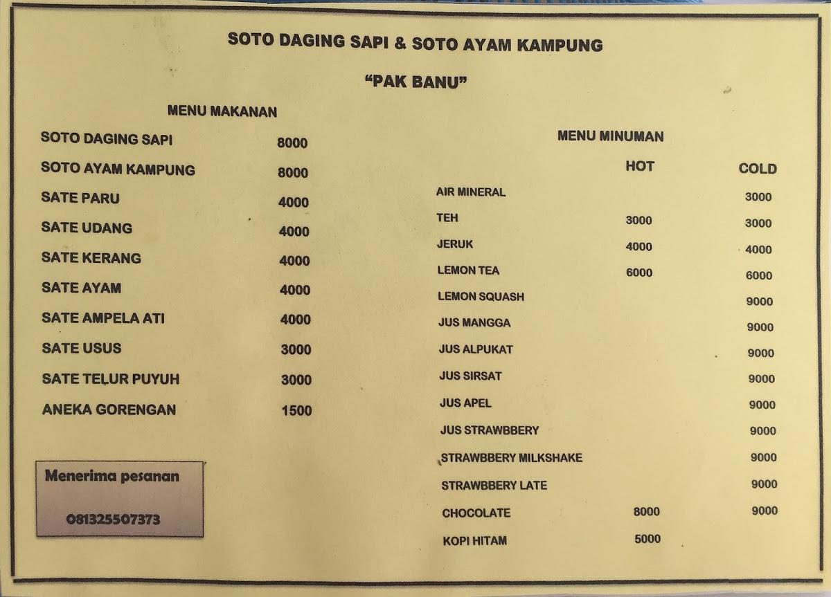 Menu at Soto sapi dan ayam kampung Pak Banu restaurant, Temanggung