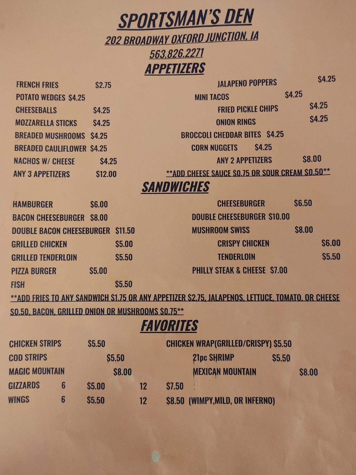 Menu at Sportsman's Den pub & bar, Oxford Junction