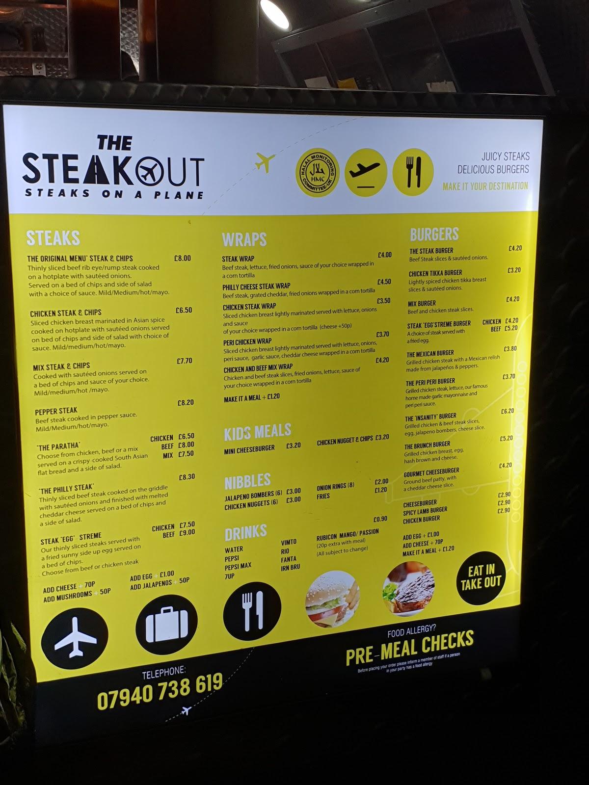 Menu at Steaks on a Plane steakhouse, Bolton
