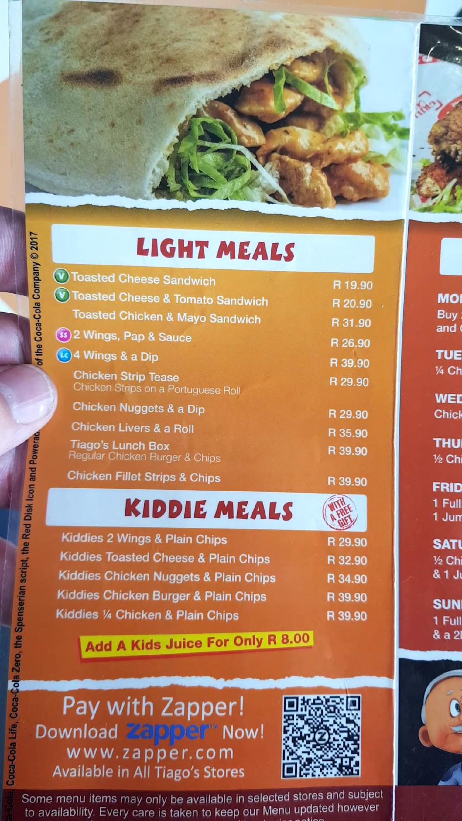 Menu at Tiago's Hillcrest restaurant, Hillcrest