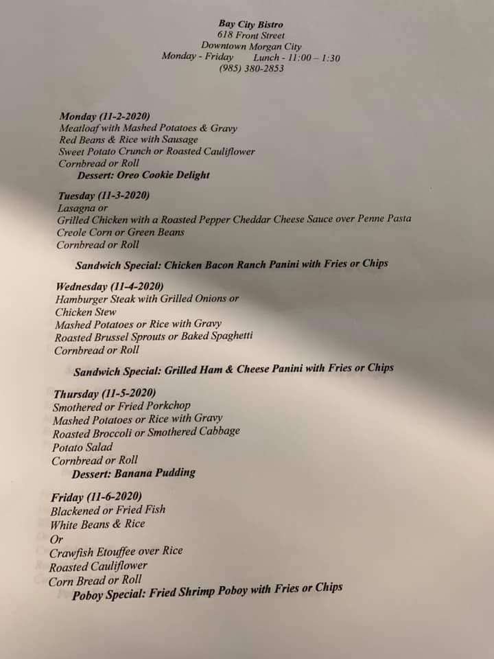 Menu at Bay City Bistro cafe, Morgan City