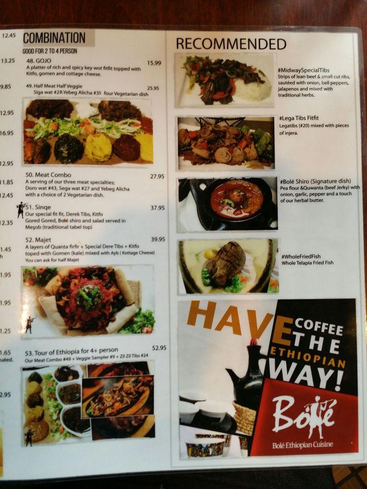 Menu at Bole Ethiopian Cuisine restaurant, Falcon Heights, Pascal St