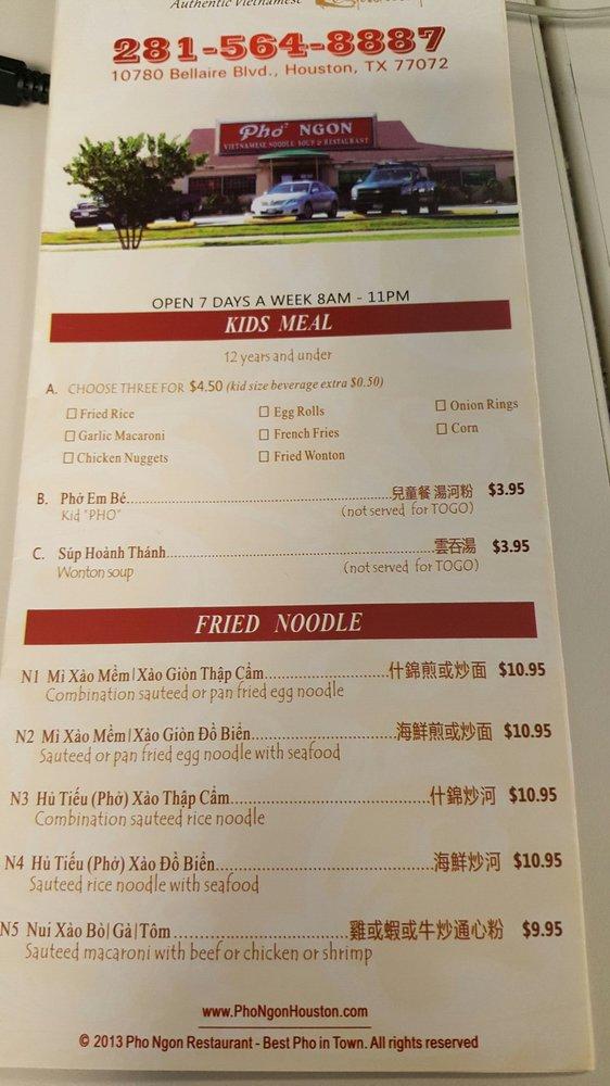 Menu at Phở Ngon restaurant, Houston, Bellaire Blvd