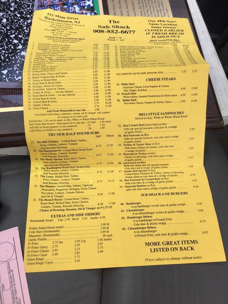 Menu at Sub Shack & Deli restaurant, Hackettstown