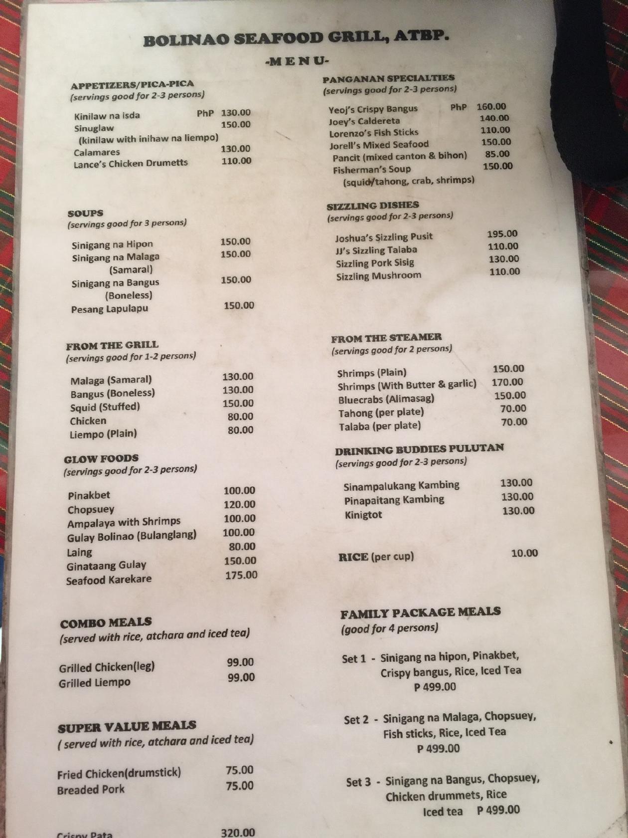 Menu at Bolinao Seafood Grill restaurant, Bolinao