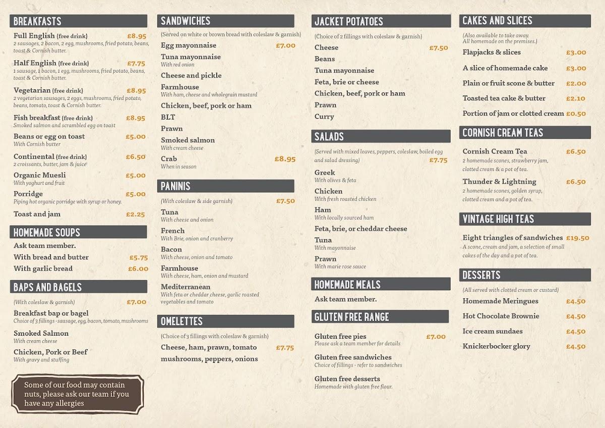 Menu at Cavendish Coffee House, Falmouth