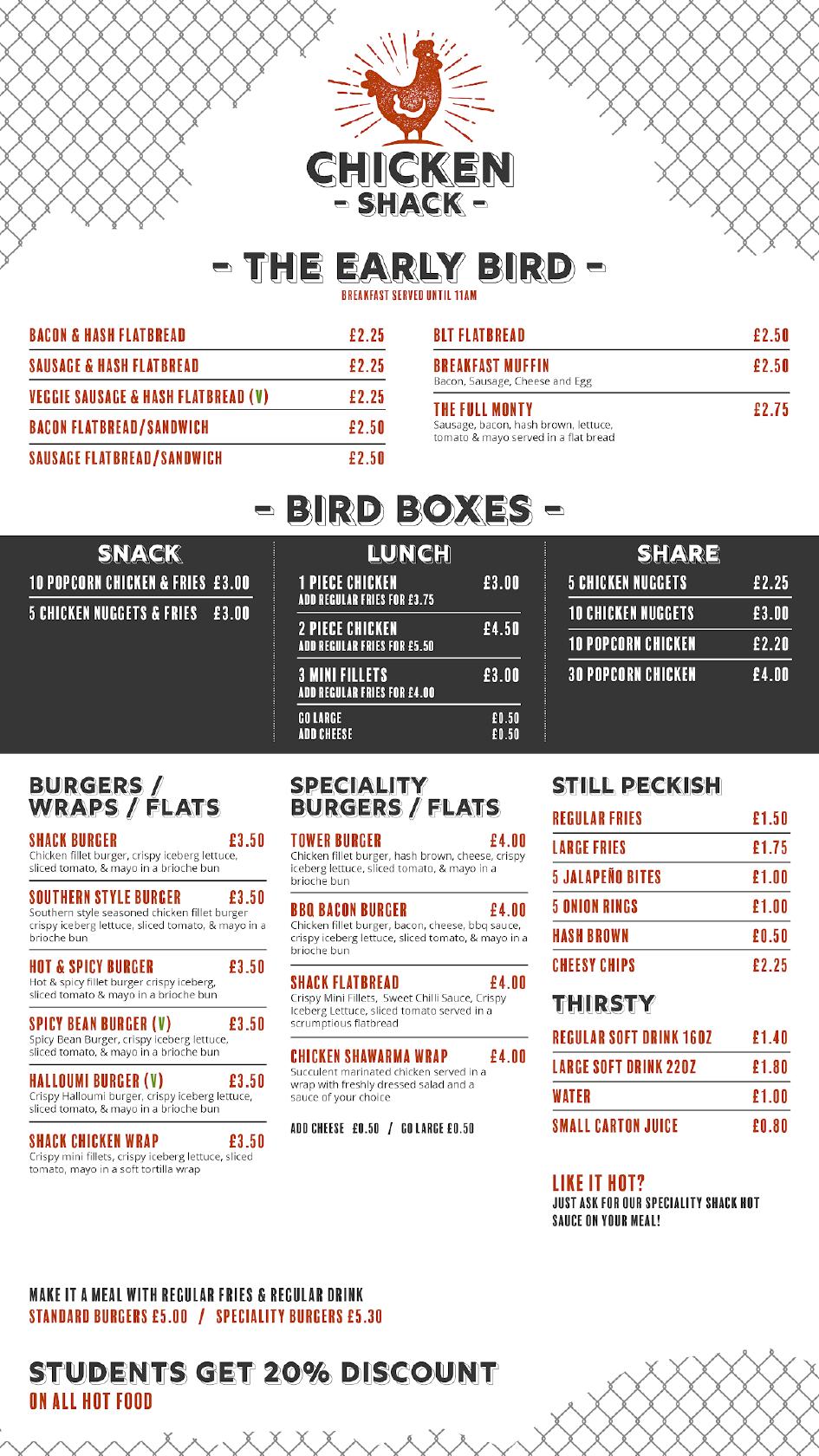 Menu at Chicken Shack restaurant, Newcastle upon Tyne