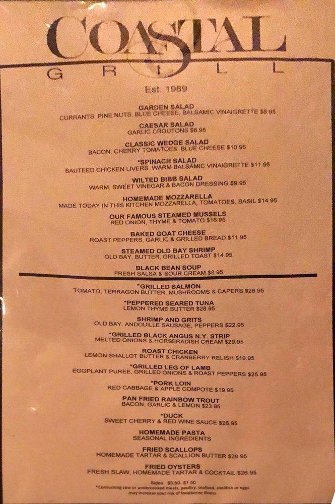 Menu at Coastal Grill restaurant, Virginia Beach