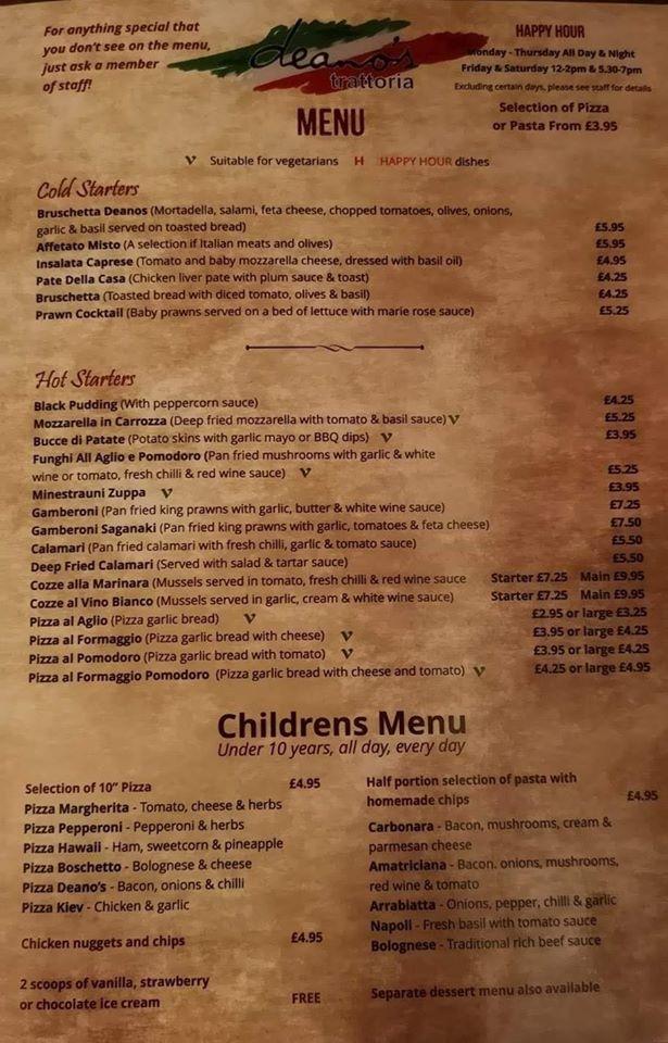 Menu at Da-Zero restaurant, Chester-le-Street