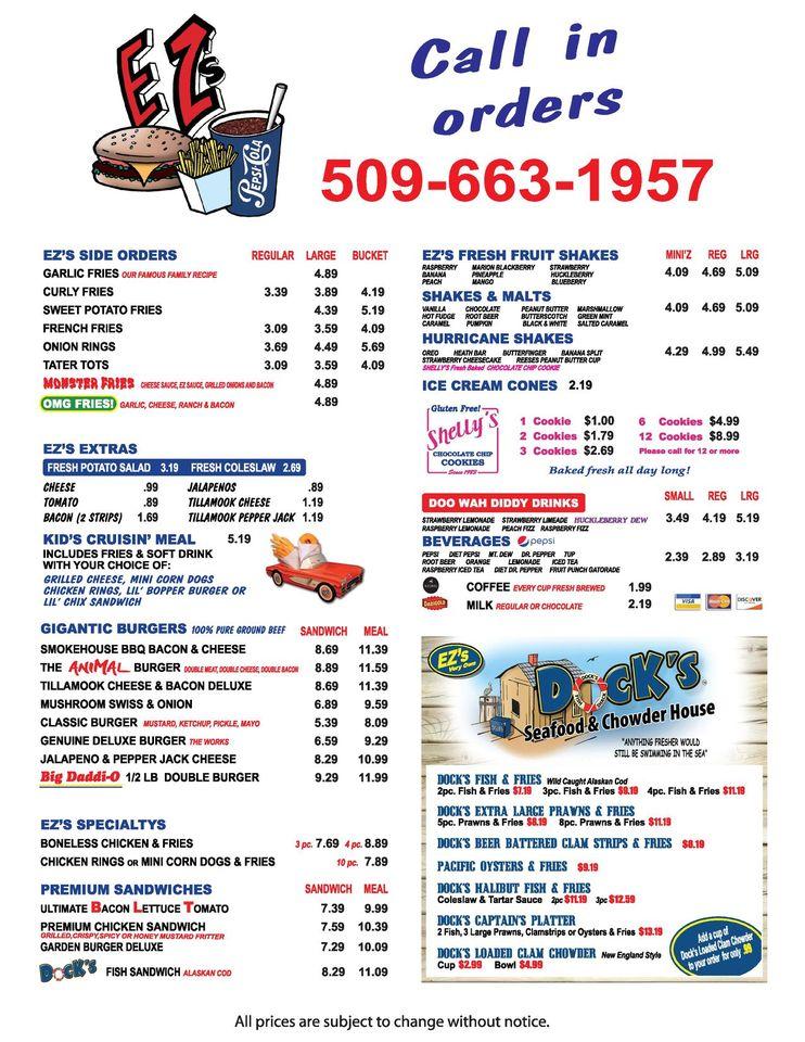 Menu at EZ's Burger Deluxe restaurant, Wenatchee