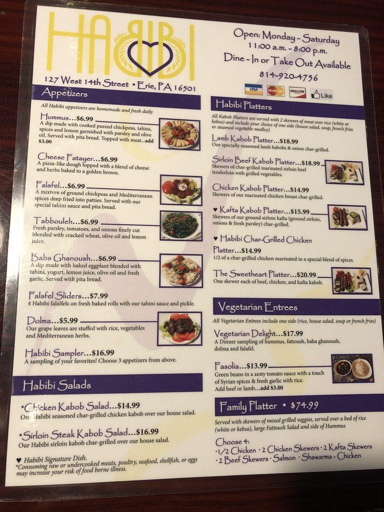 Menu at Habibi Mediterranean Cuisine restaurant, Erie