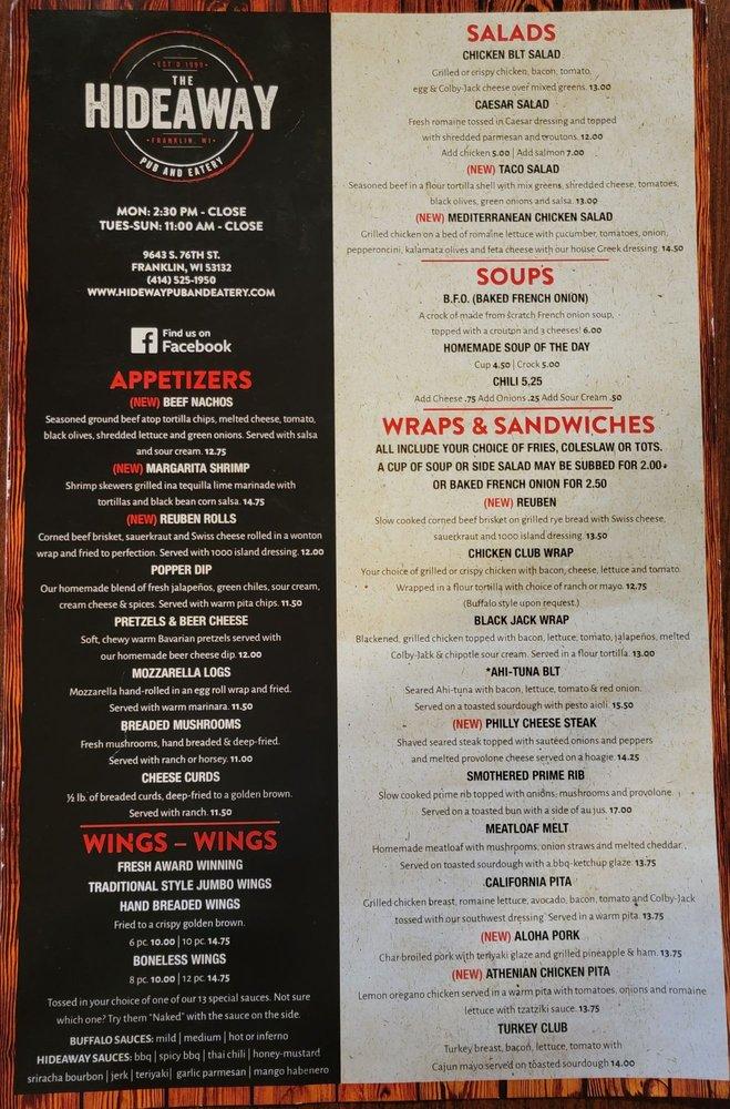 Menu at Hideaway Pub & Eatery, Franklin
