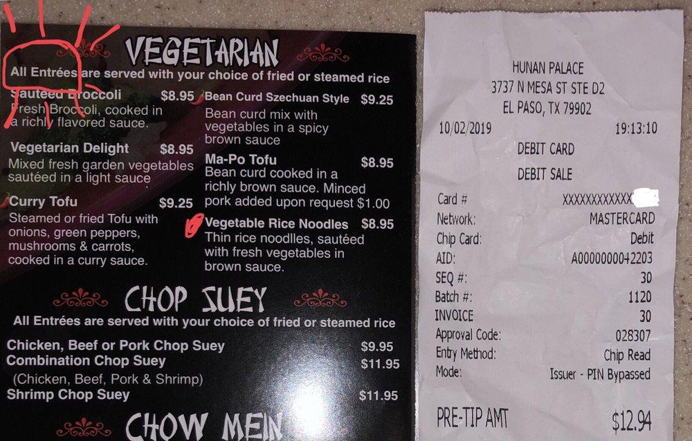 Menu at Hunan Palace restaurant, El Paso