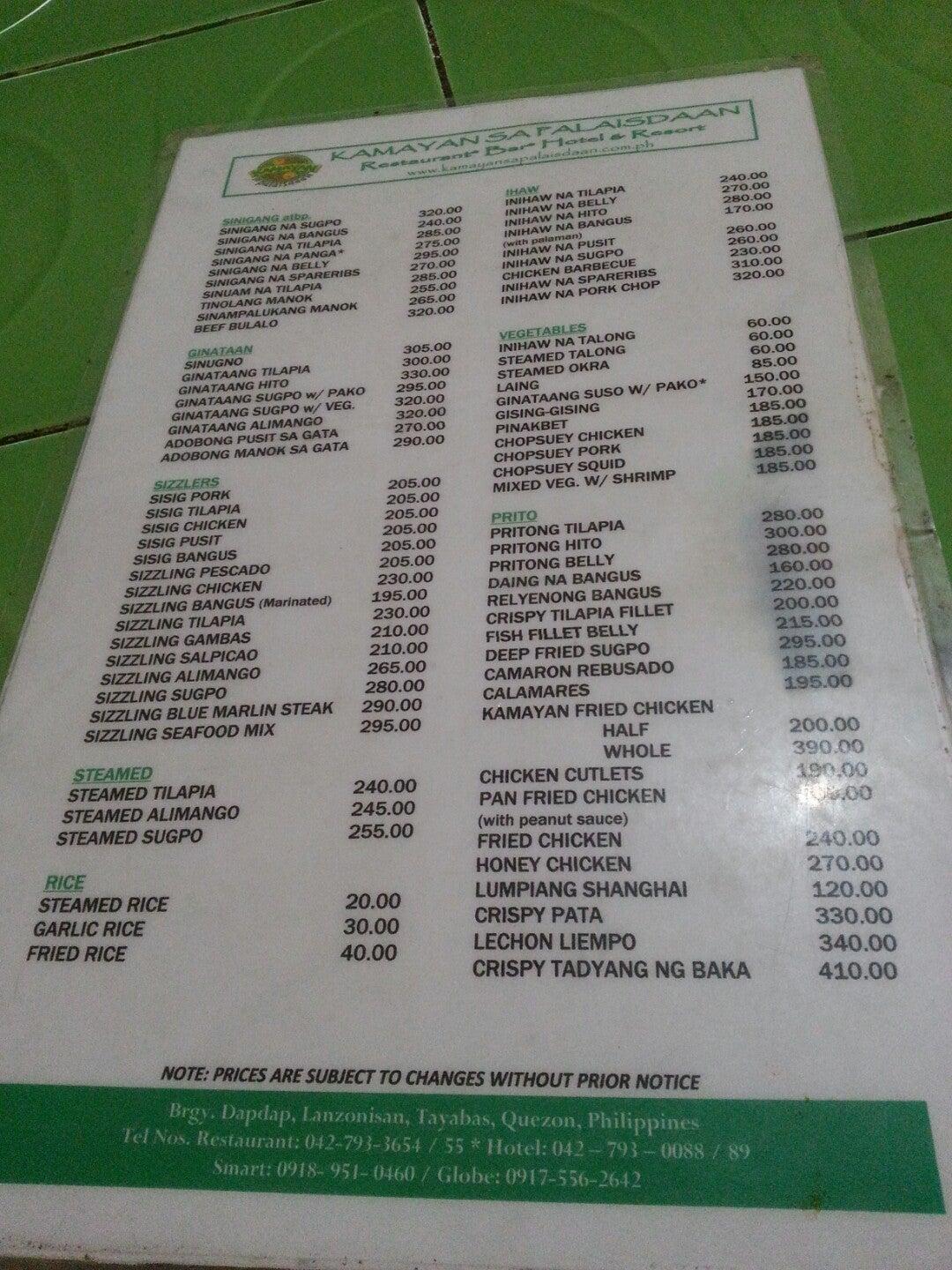 Menu at Kamayan sa Palaisdaan restaurant, Tayabas, 3H6F+742
