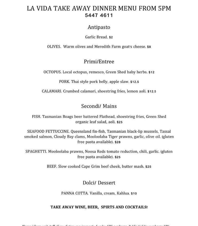 Menu at La Vida Restaurant, Noosa Heads