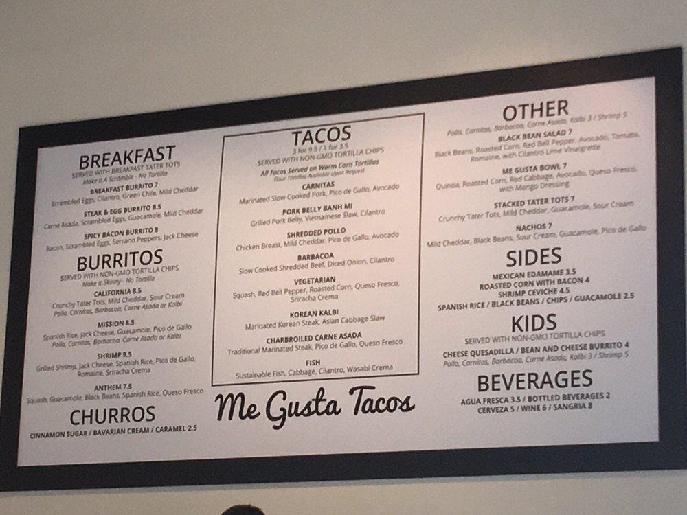 Menu at Me Gusta Tacos restaurant, Henderson, Village Walk Dr #153