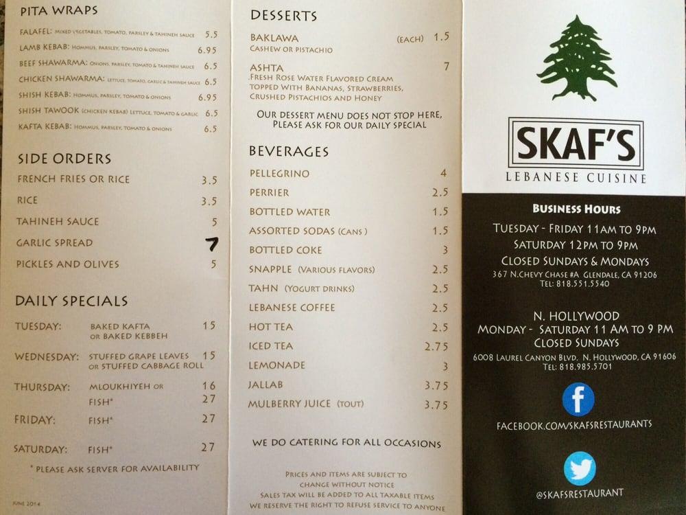 Menu at Skaf's Lebanese Cuisine restaurant, Glendale, 367 N Chevy Chase Dr