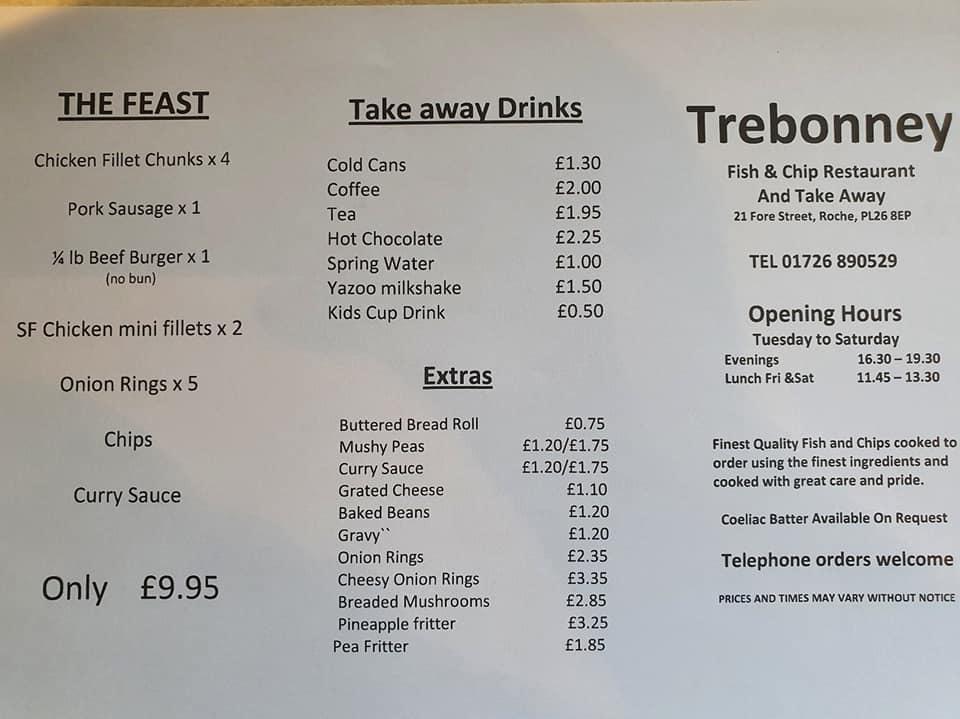 Menu at Trebonney Fish & Chip Shop fast food, Roche