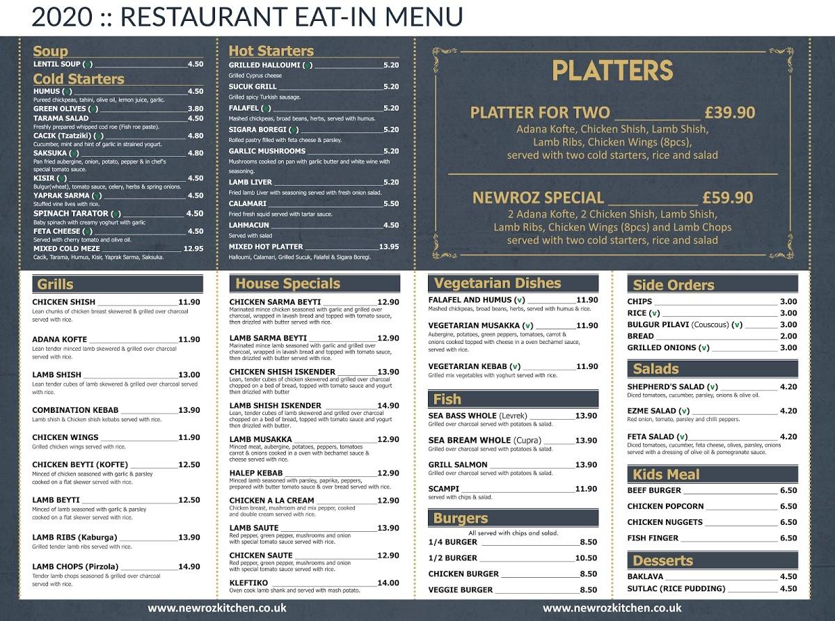 Menu at Newroz Kitchen restaurant, Clacton-on-Sea