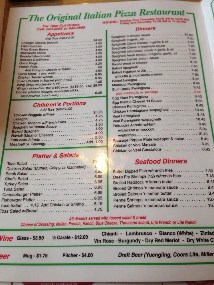 Menu at Original Italian Pizza pizzeria, Huntingdon, 628 Washington St