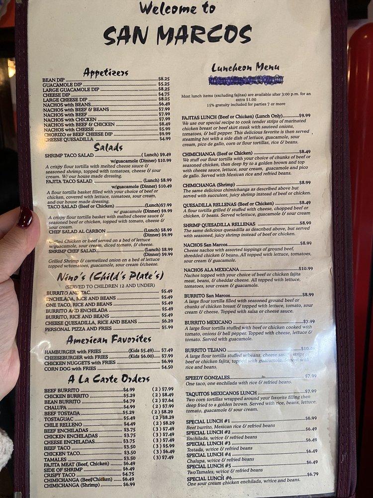Menu at San Marcos Mexican Restaurant, Winnsboro