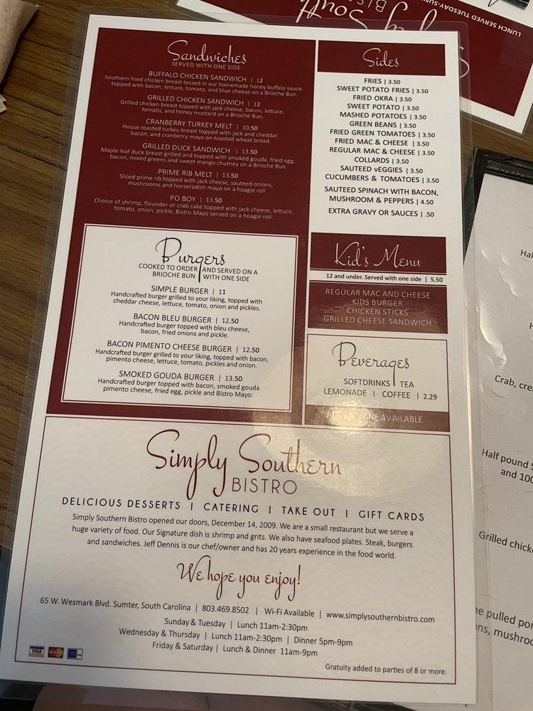 Menu at Simply Southern Bistro restaurant, Sumter