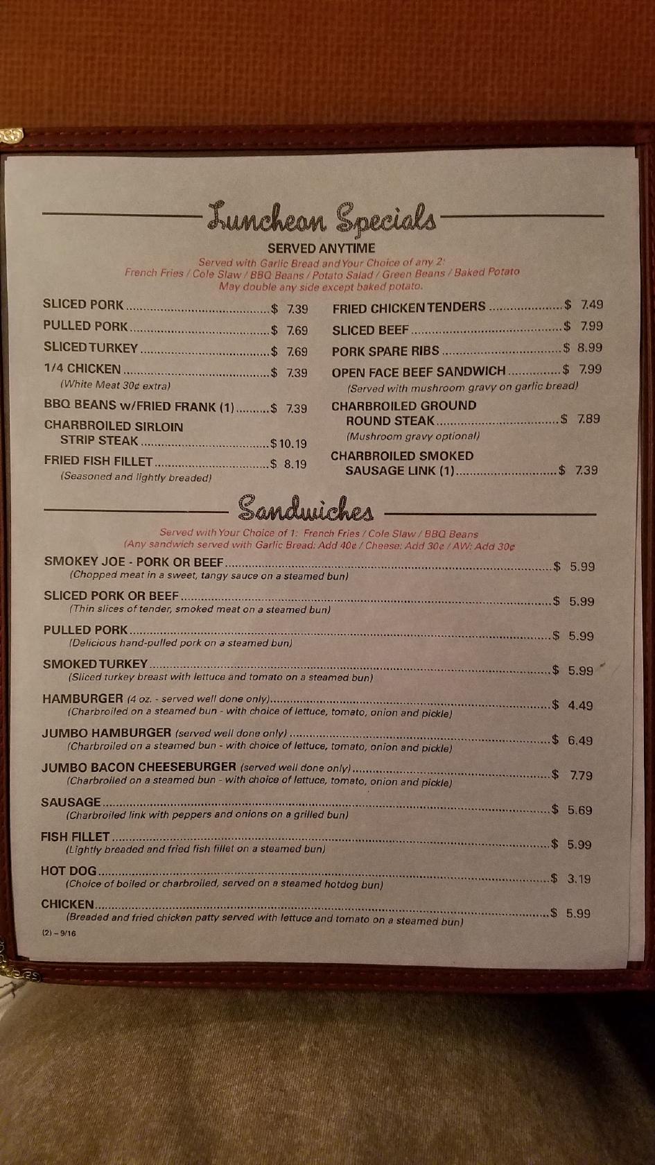 Menu at Smokey's BBQ, Pensacola, Pensacola Blvd