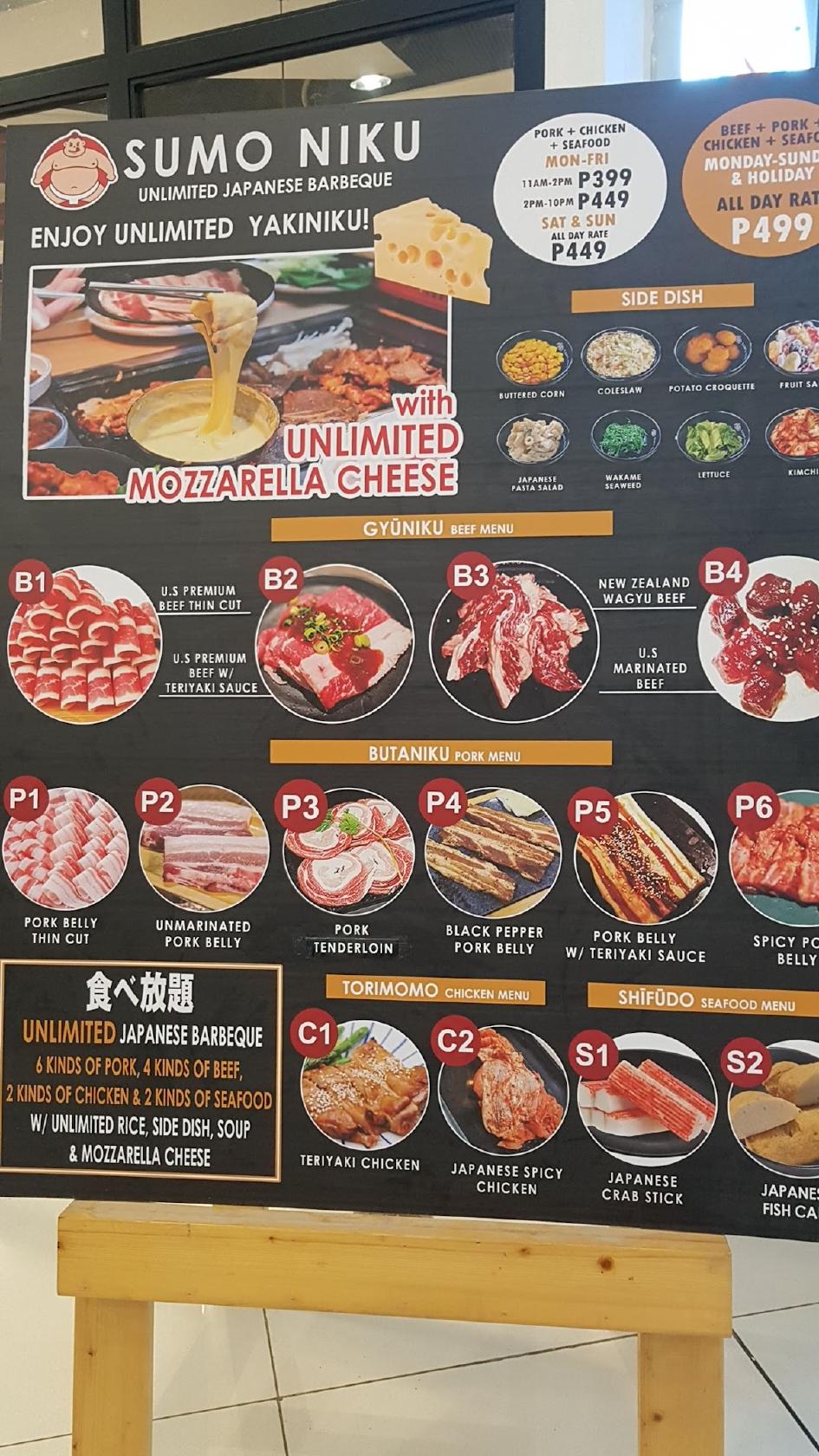 Menu at Sumo Niku steakhouse, Pasay