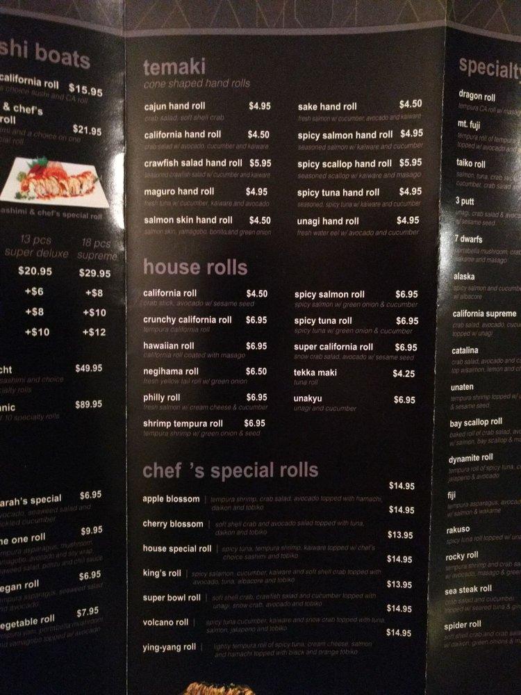 Menu at Taiko Sushi restaurant, Folsom