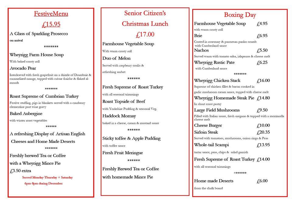 Menu at Wheyrigg Hall Hotel pub & bar, England