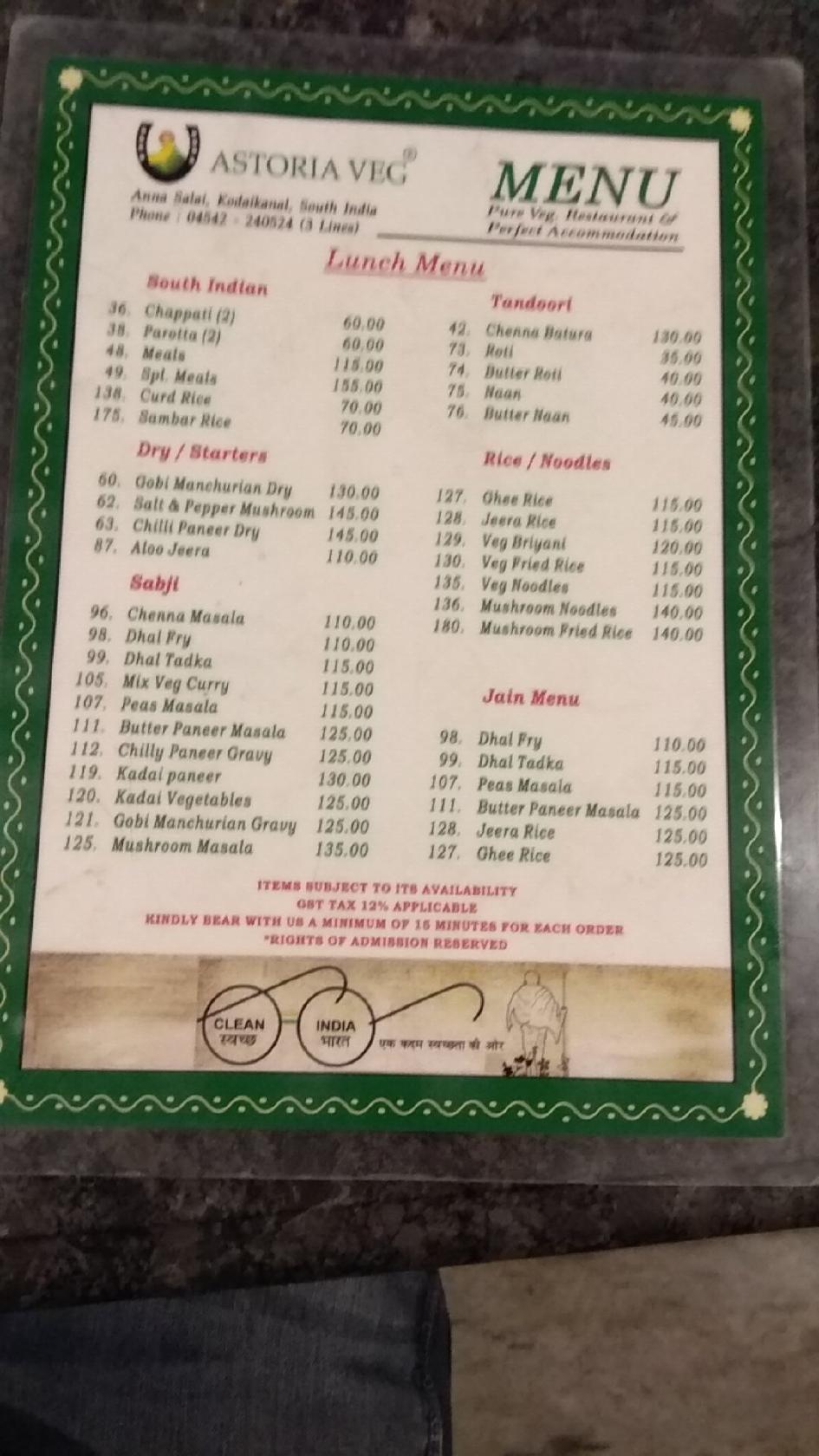 Menu at Astoria Veg Restaurant @ Hotel Astoria, Kodaikanal