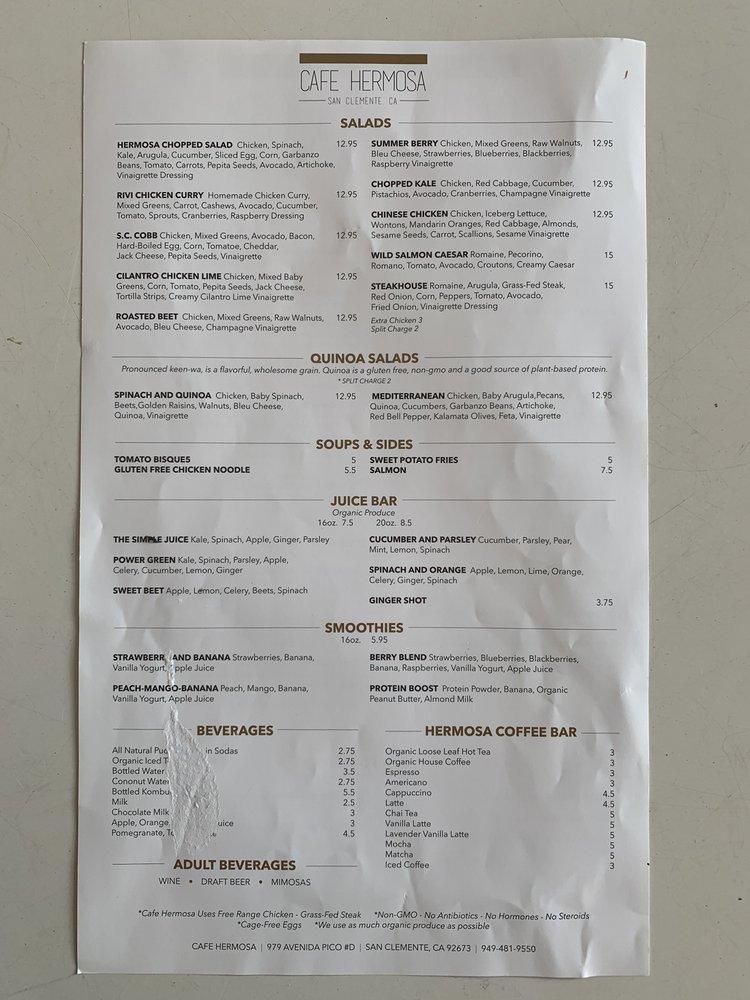 Menu at Cafe Hermosa, San Clemente, 979 Avenida Pico
