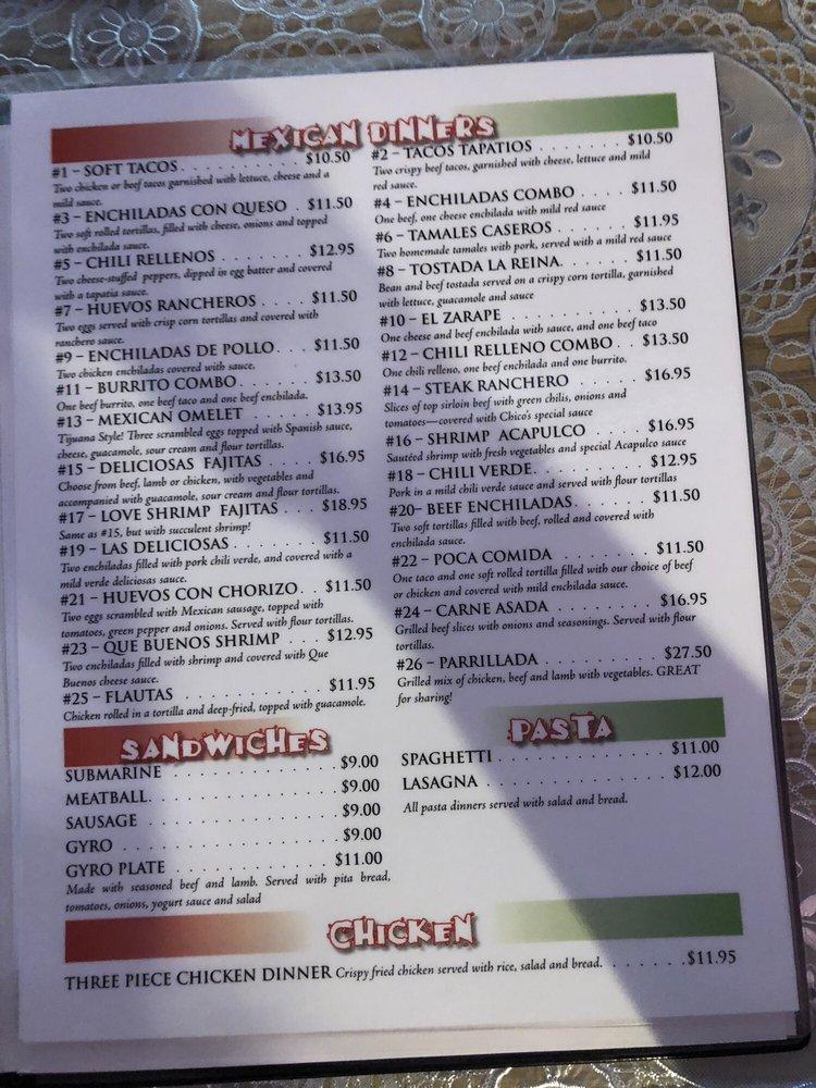Menu at Chico's Mexican Restaurant, Ketchikan