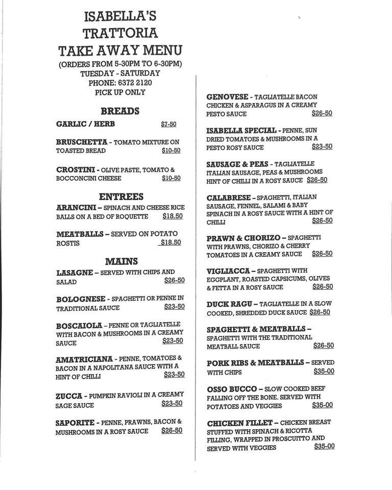 Menu at Isabella's Trattoria restaurant, Mudgee