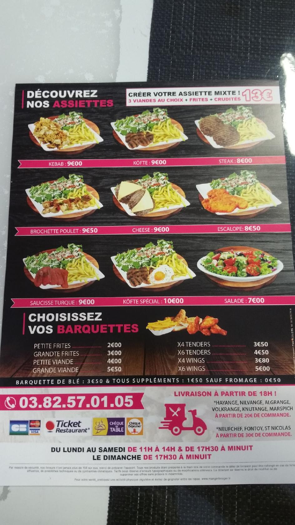 Menu at King Kebab restaurant, Hayange