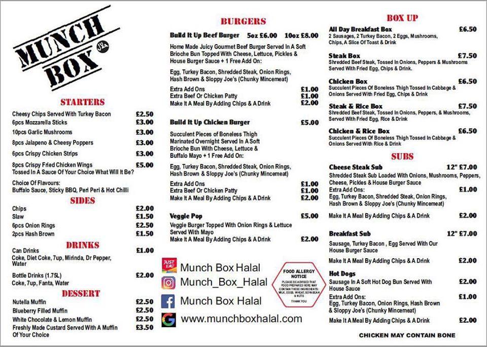 Carta del restaurante Munch Box Halal, Londres, 1 Priory Rd