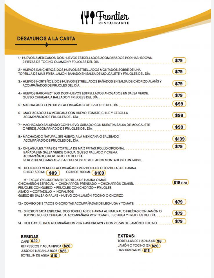 Menu at Frontier Restaurante, Saltillo