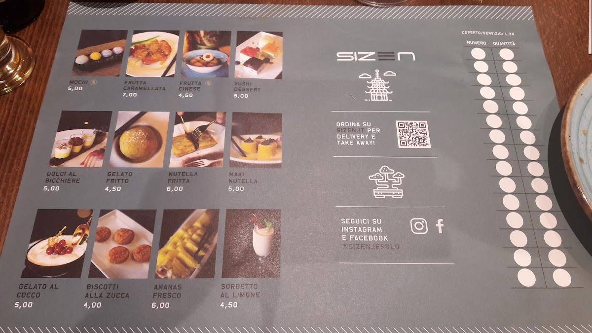 Carta del restaurante Sizen, Jesolo