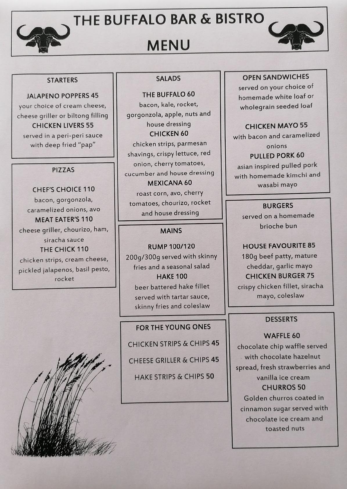 Menu at The Buffalo bar & bistro, Parys