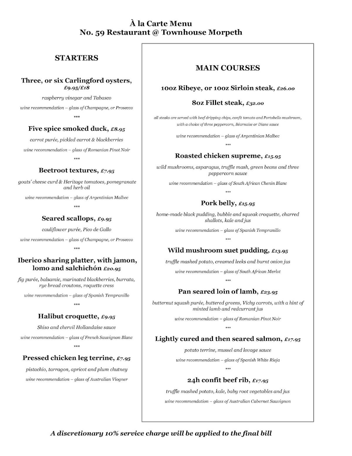 Menu at The Townhouse restaurant, Morpeth