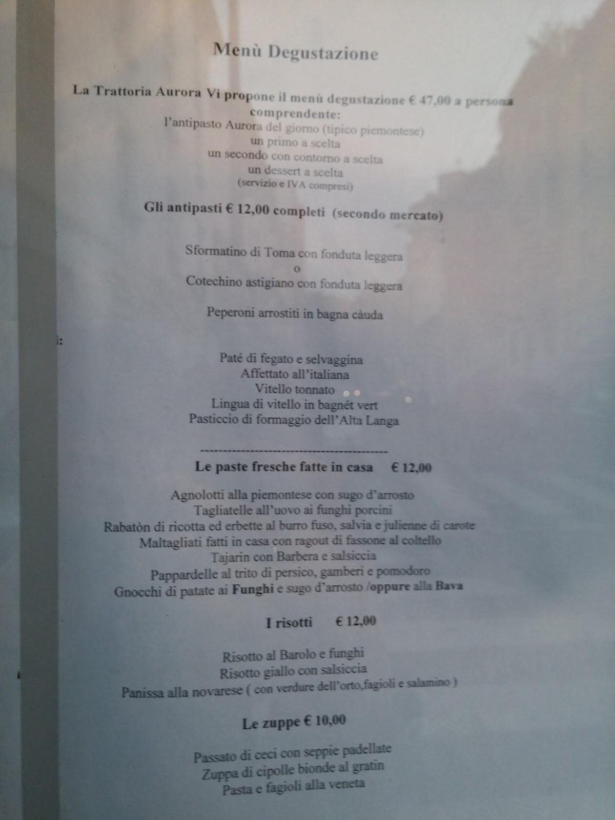 Menu at Trattoria Aurora restaurant, Milan