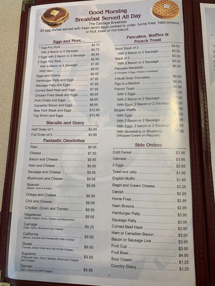 Menu at Carriage Cafe, Simi Valley
