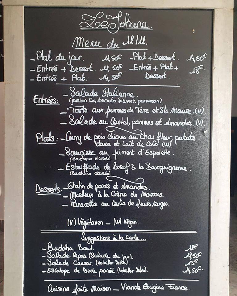 Menu at Le Johane restaurant, Béziers
