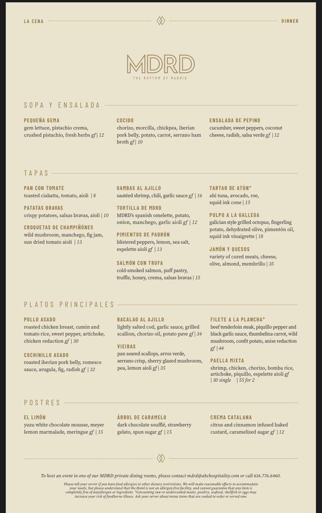 Menu at MDRD pub & bar, Grand Rapids