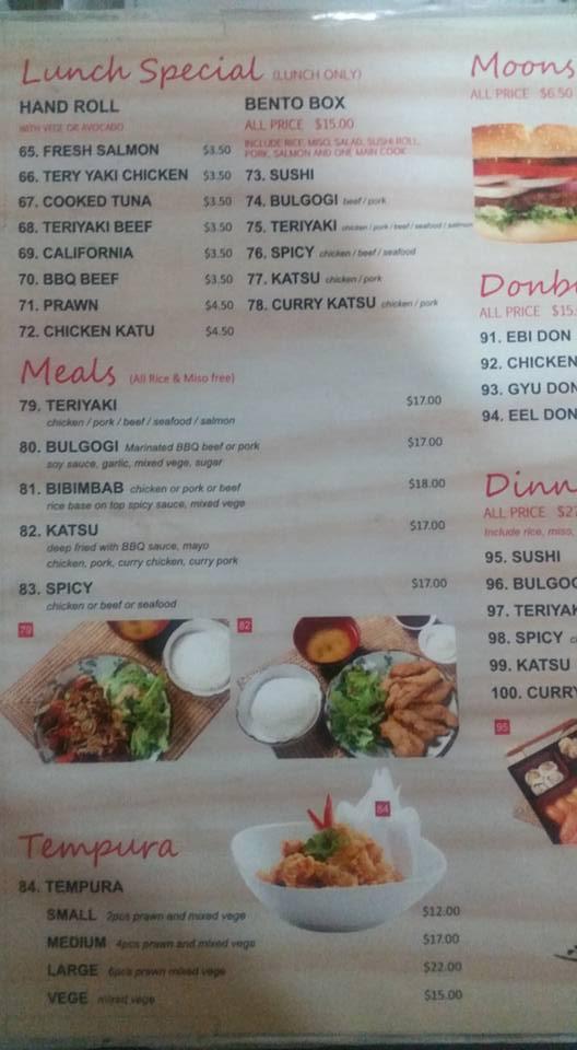 Menu at Moon's Sushi restaurant, Wollongong