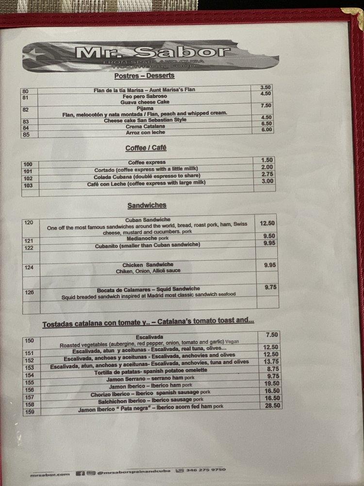 Menu at Mr Sabor from Spain and Cuba restaurant, Webster