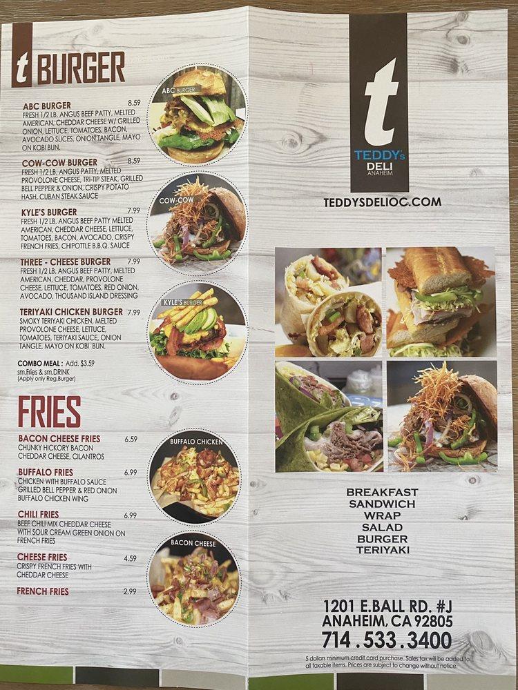 Menu at Teddy's Deli restaurant, Anaheim