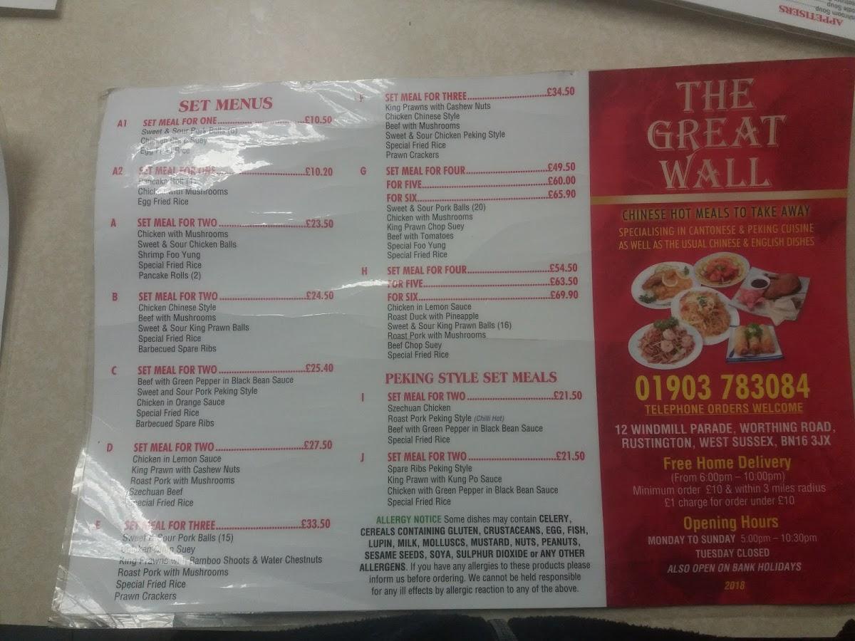 Menu at The Great Wall fast food, Littlehampton